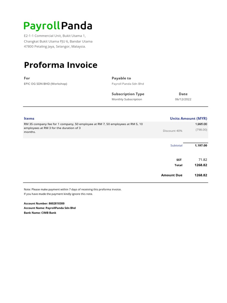 PayrollPanda Proforma Invoice - EPIC OG Workshop | PDF