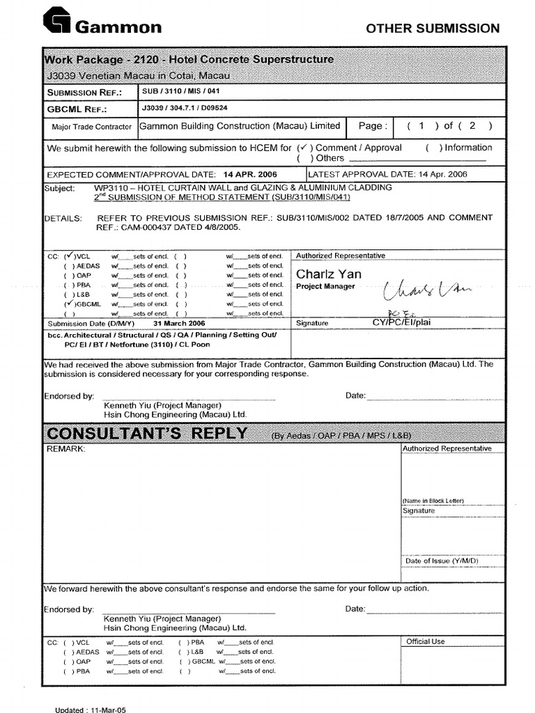 Method Statement For Curtain Wall and Glazing and Aluminium Cladding | PDF