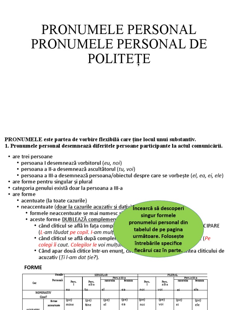 Pronumele Personal. Pronumele Personal de Politețe | PDF
