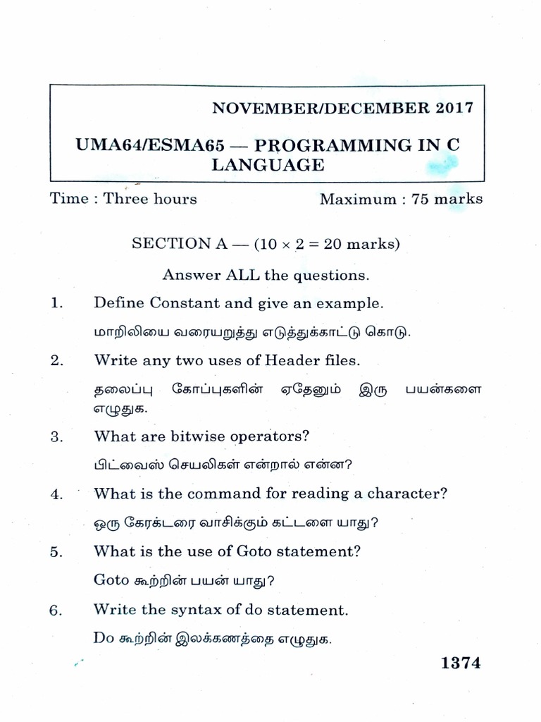 Programming In C Important Question Paper Pdf Pointer Computer Programming Computer