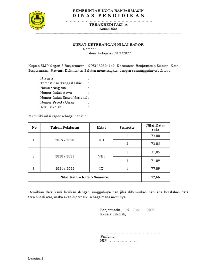 Surat Keterangan Nilai Raport Dan SPTJM-1 | PDF