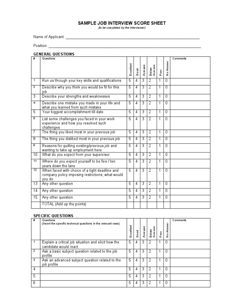 Job Interview Score Sheet Template | PDF | Job Interview | Cognitive ...