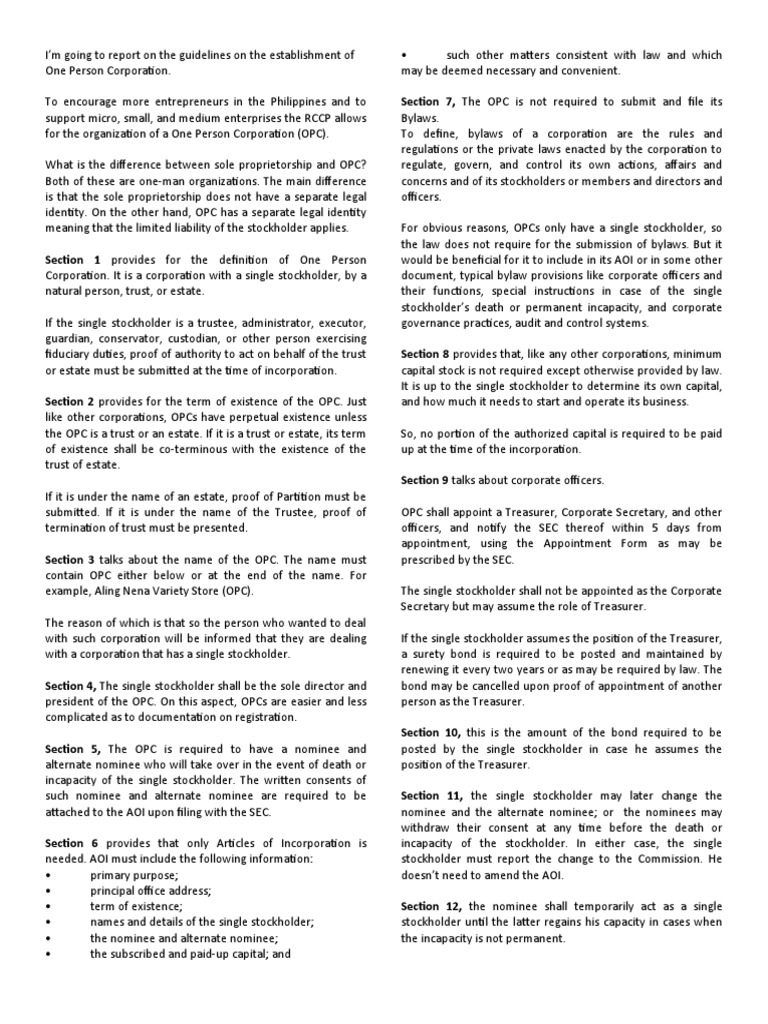 Forming A One Person Corporation Under The Revised Corporation Code ...