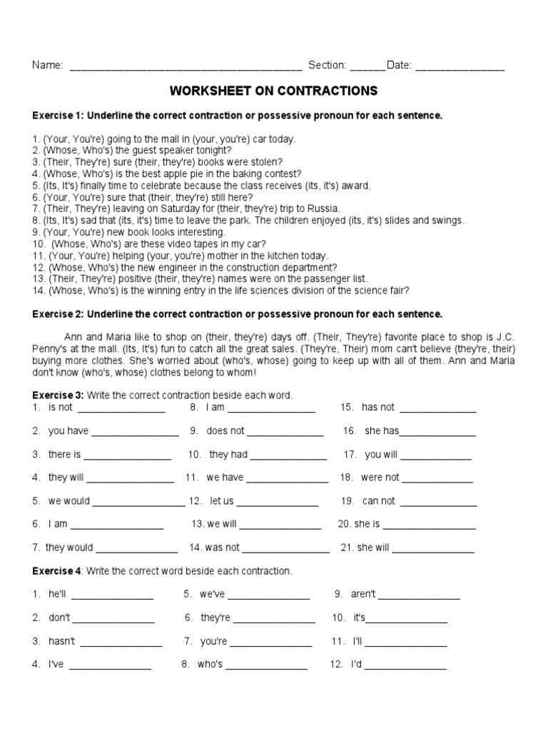 Contractions Worksheet Grammar Drills Oneonone Activities Teacher ...