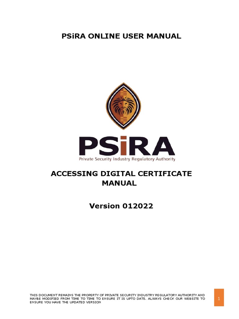 PSiRA Online User Manual Guide PDF Public Key Certificate Websites