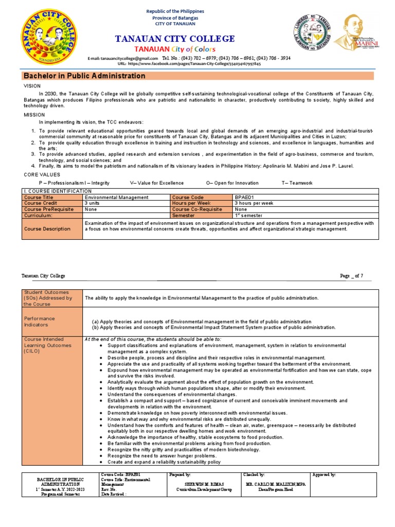 Environmental Management Course Syllabus | PDF | Sustainability ...