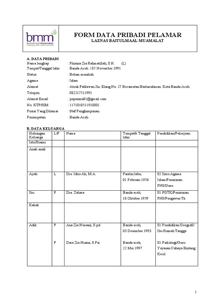 Form Data Pribadi Pelamar | PDF