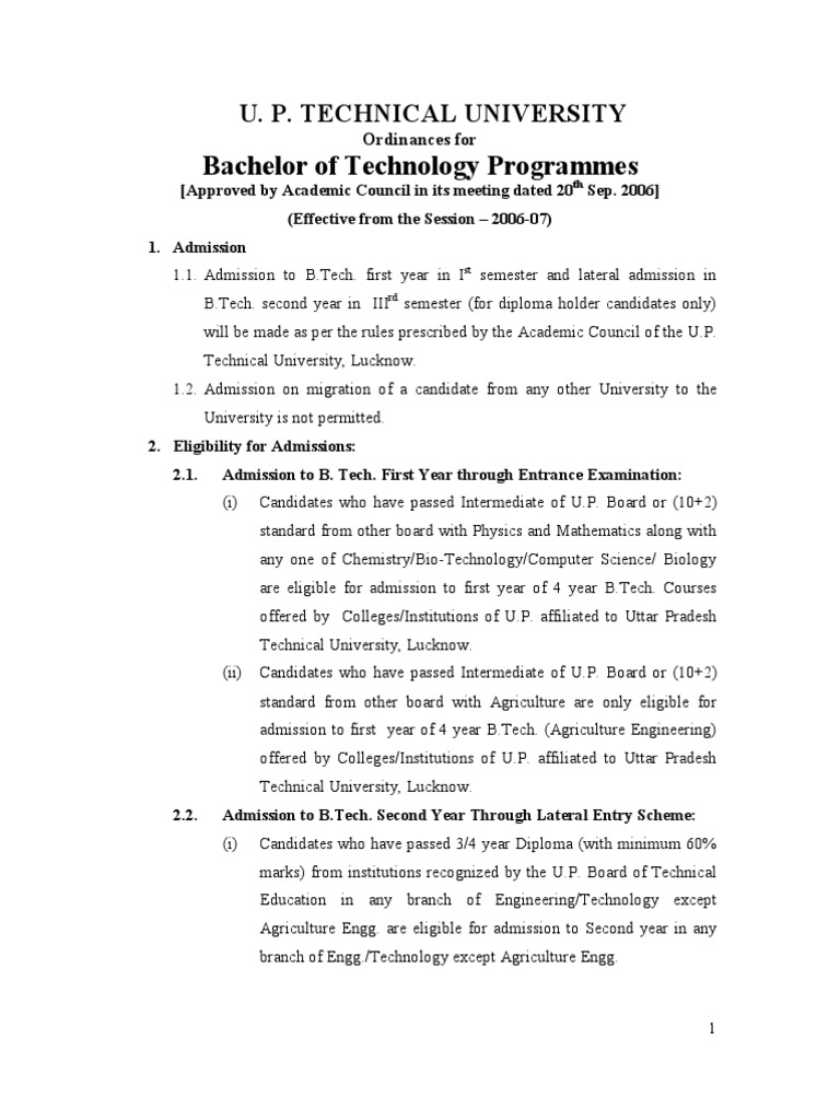Bachelor of Technology Programmes: U. P. Technical University | PDF ...
