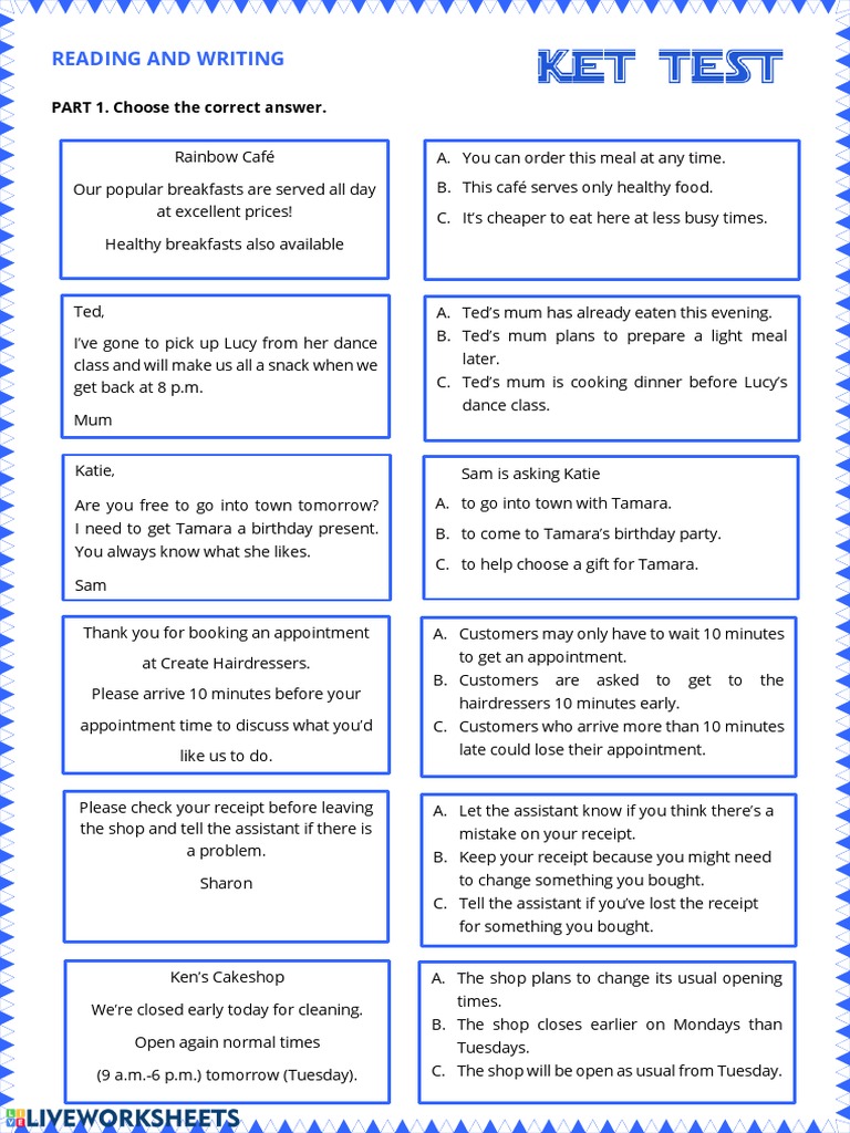 KET Reading Practice Part 1 Insights | PDF