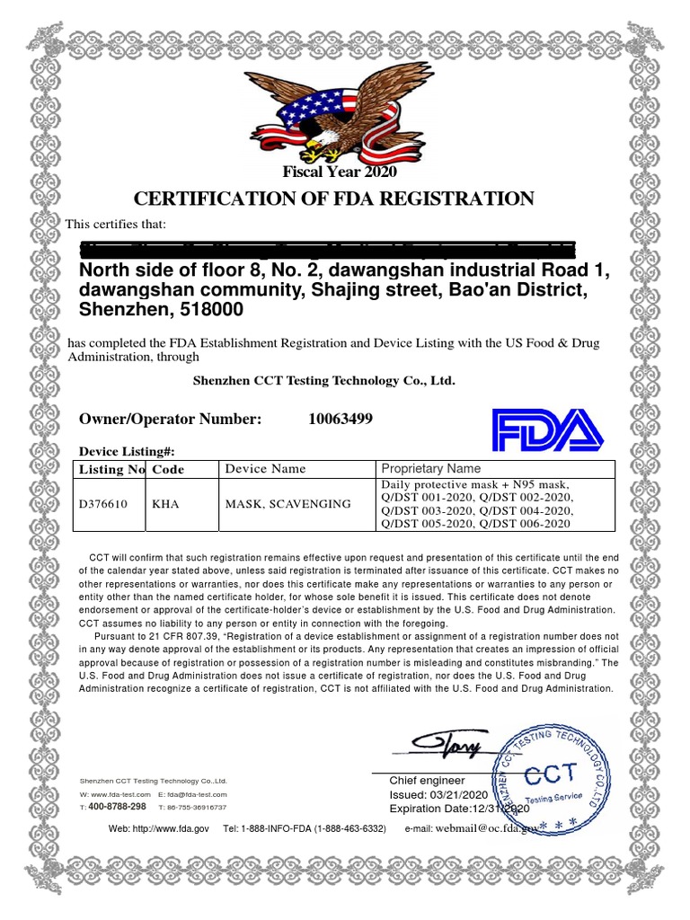 Certification of Fda Registration | PDF | Food And Drug Administration | Medicine