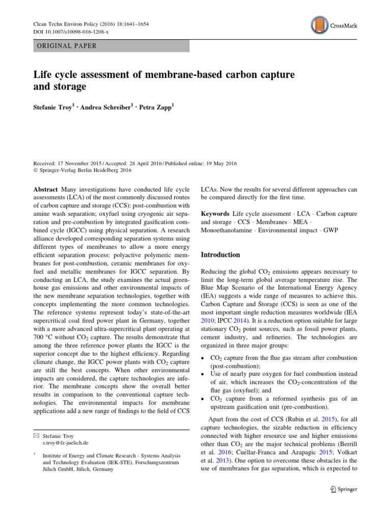 Troy2016 - Article - Life Cycle Assessment of Membrane-Based Carbon Capture | Download Free PDF ...