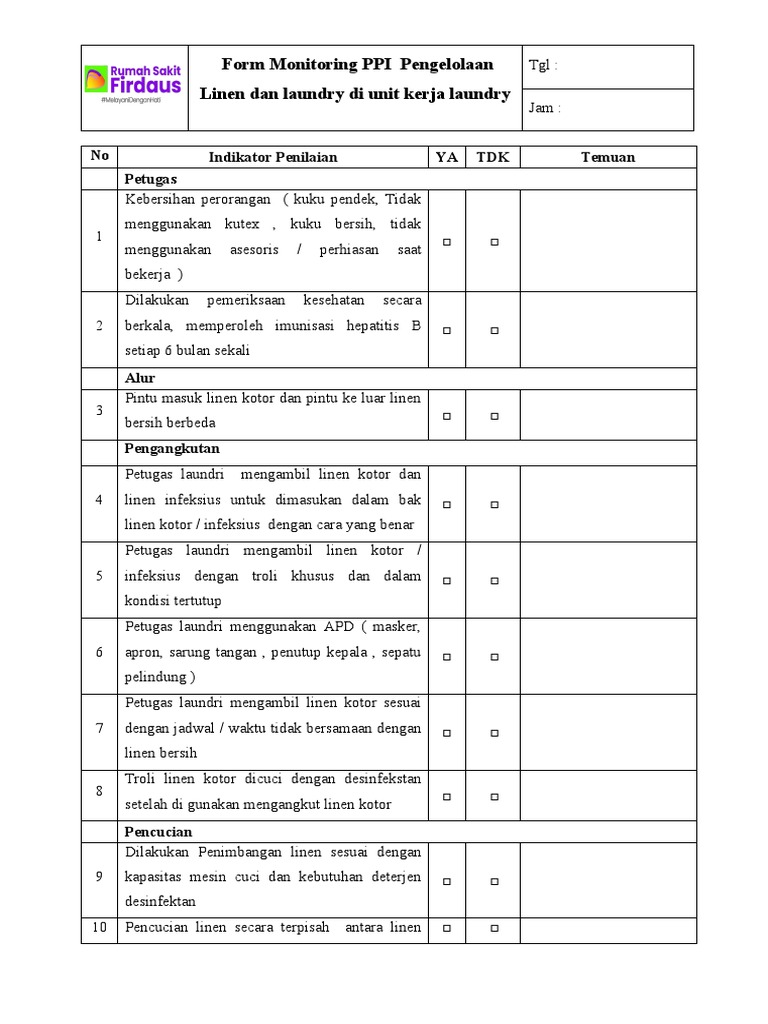 Form Monitoring Pengelolaan Linen Atau Laundry RS Firdaus | PDF