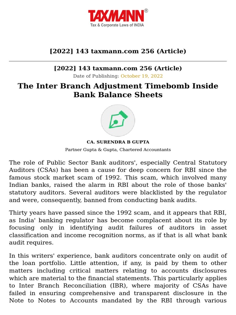 Article-The Inter Branch Adjustments - Time Bomb Inside Bank Balance Sheets | PDF | Debits And ...
