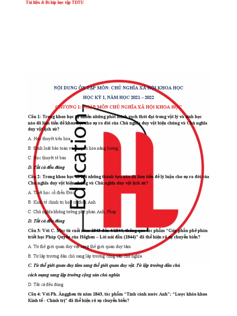 trắc nghiệm ôn tập CNXHKH TDTU | PDF