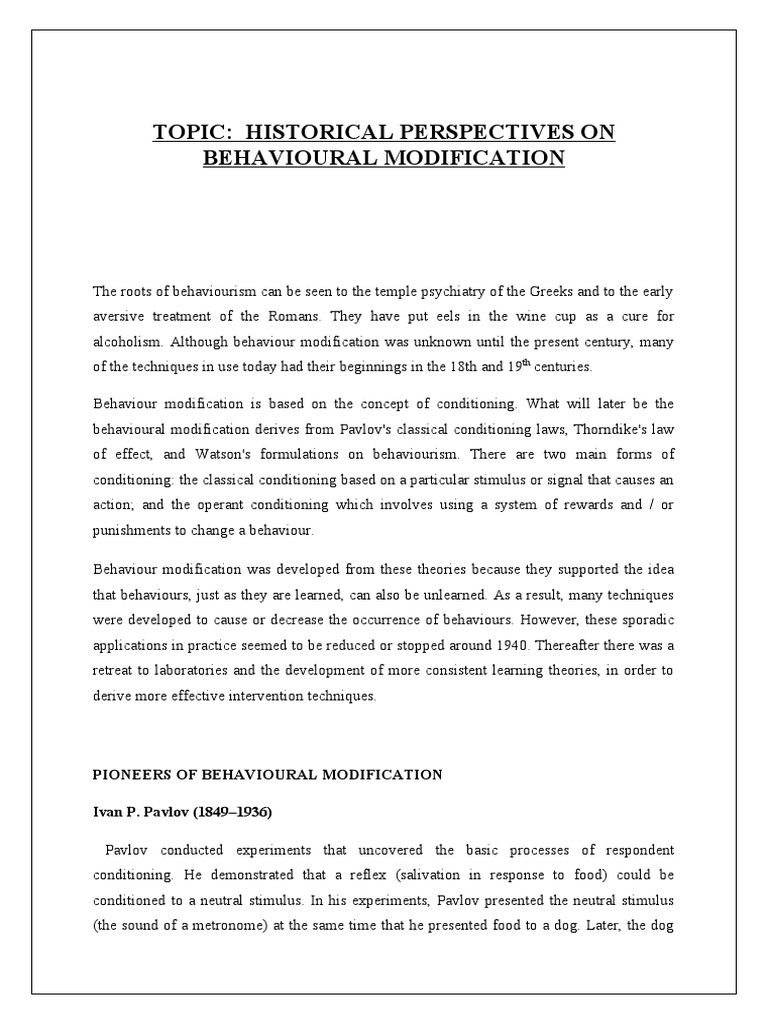Historical Perspectives On Behavioural Modification | PDF | Behaviorism | Classical Conditioning