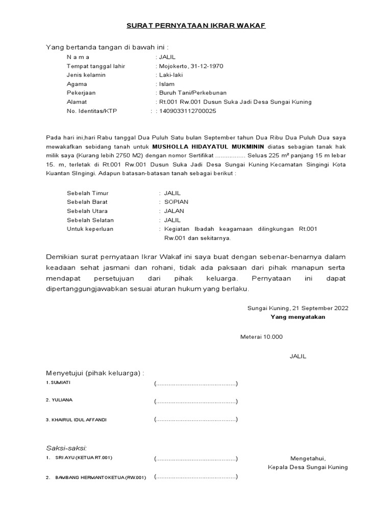 Contoh Surat Pernyataan Ikrar Wakaf | PDF