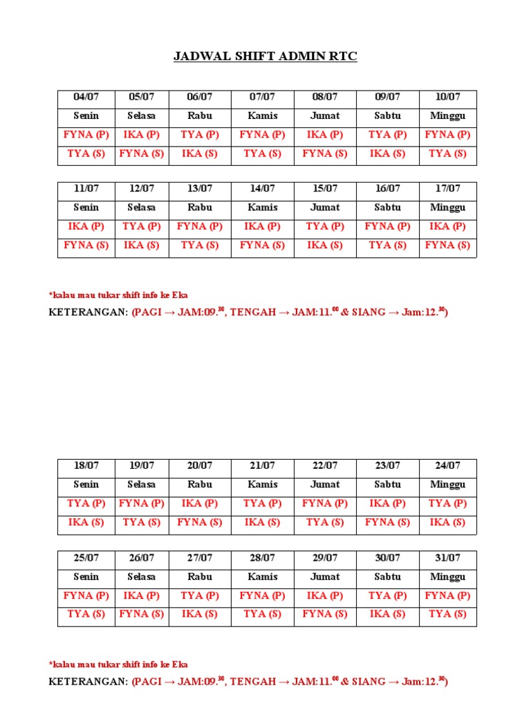 Jadwal Shift Admin RT1 | PDF