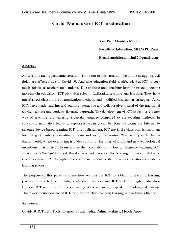Covid 19 and Use of ICT in Education: Asst - Prof.Manisha Mohite ...