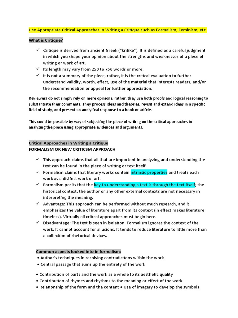 Use Appropriate Critical Approaches in Writing A Critique Such As ...