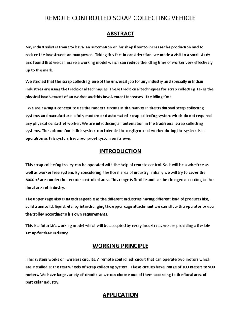 Remote Controlled Scrap Collecting Vehicle | PDF | Automation | Vehicles