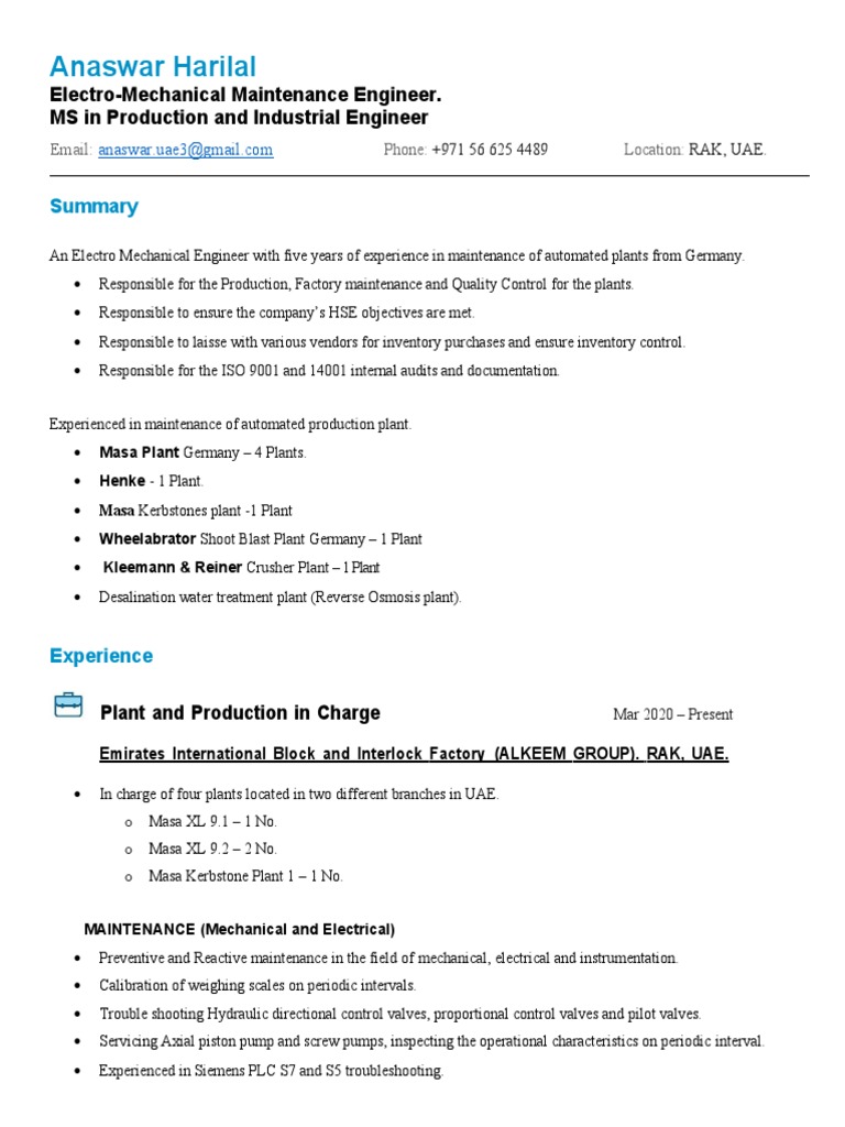 Masa Plant Incharge | PDF | Mechanical Engineering
