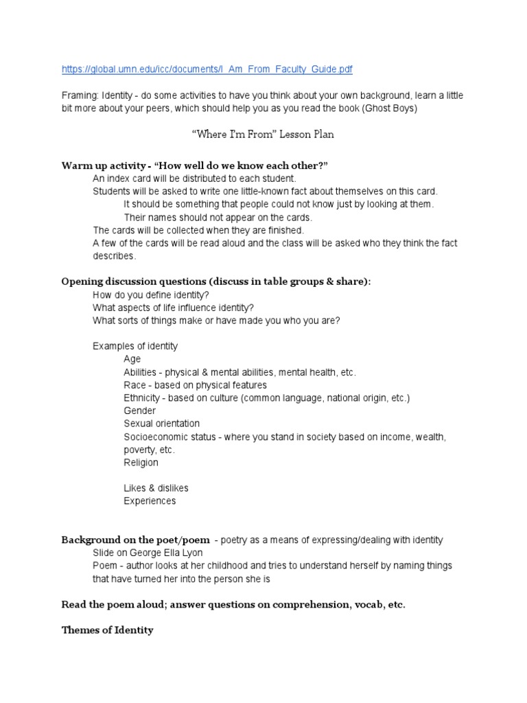 Identity Lesson Plan | PDF | Worksheet | Poetry