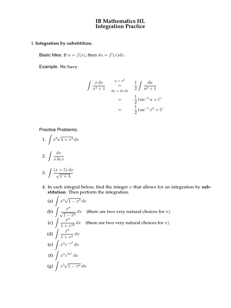 IB Mathematics HL Integration Practice | PDF | Equations | Ordinary ...