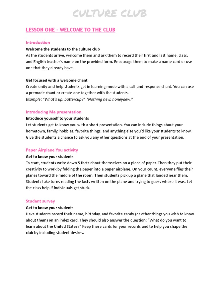 Culture Club Lesson 1 Plan | PDF