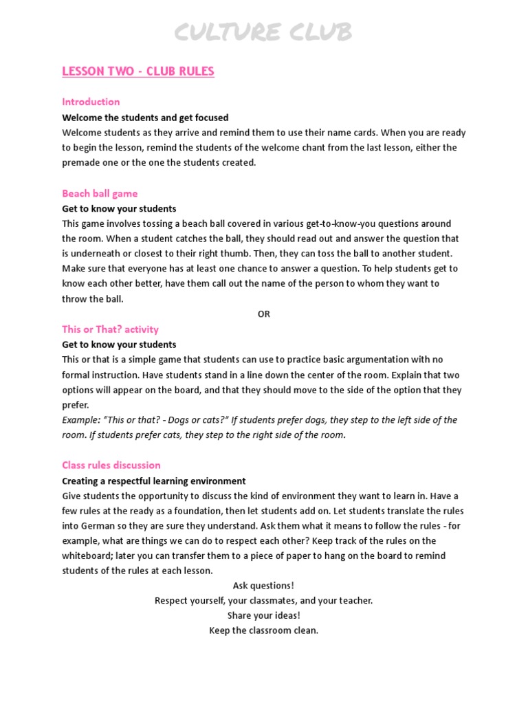 Culture Club Lesson 2 Plan | PDF | Learning | Cognition