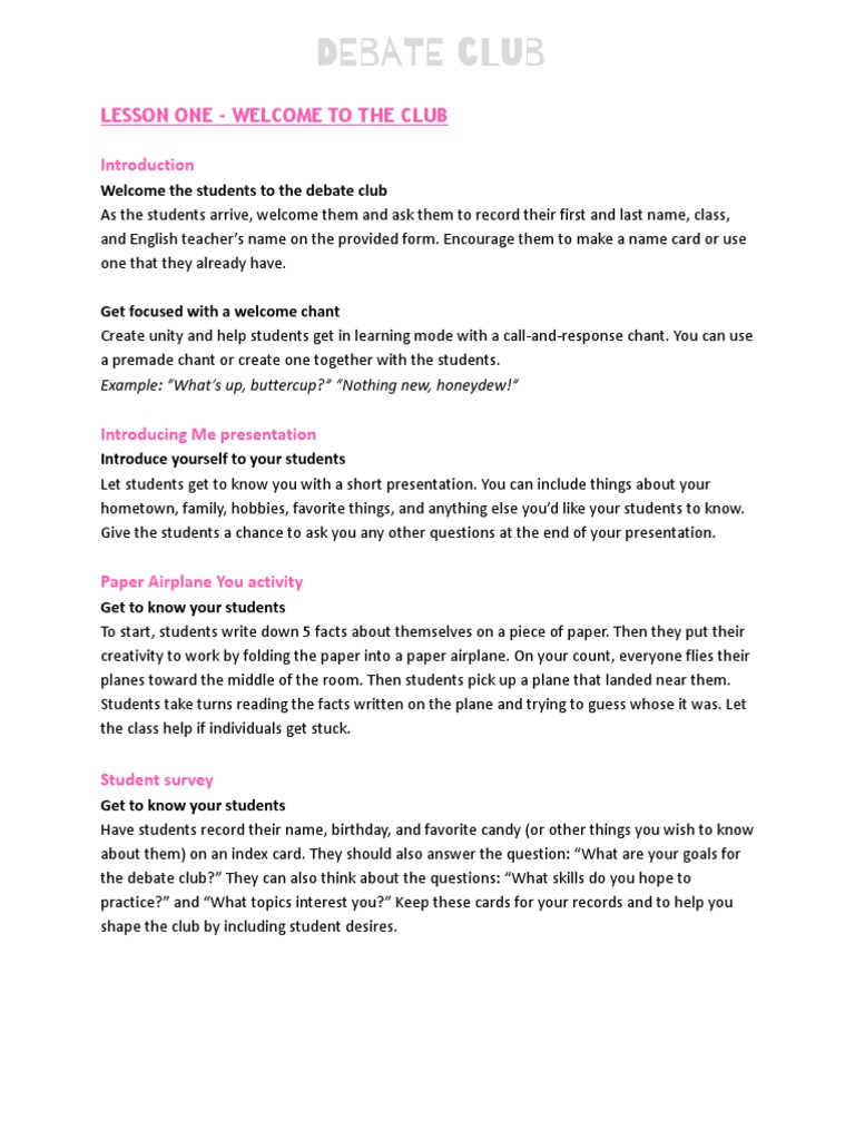 Debate Club Lesson 1 Plan | PDF