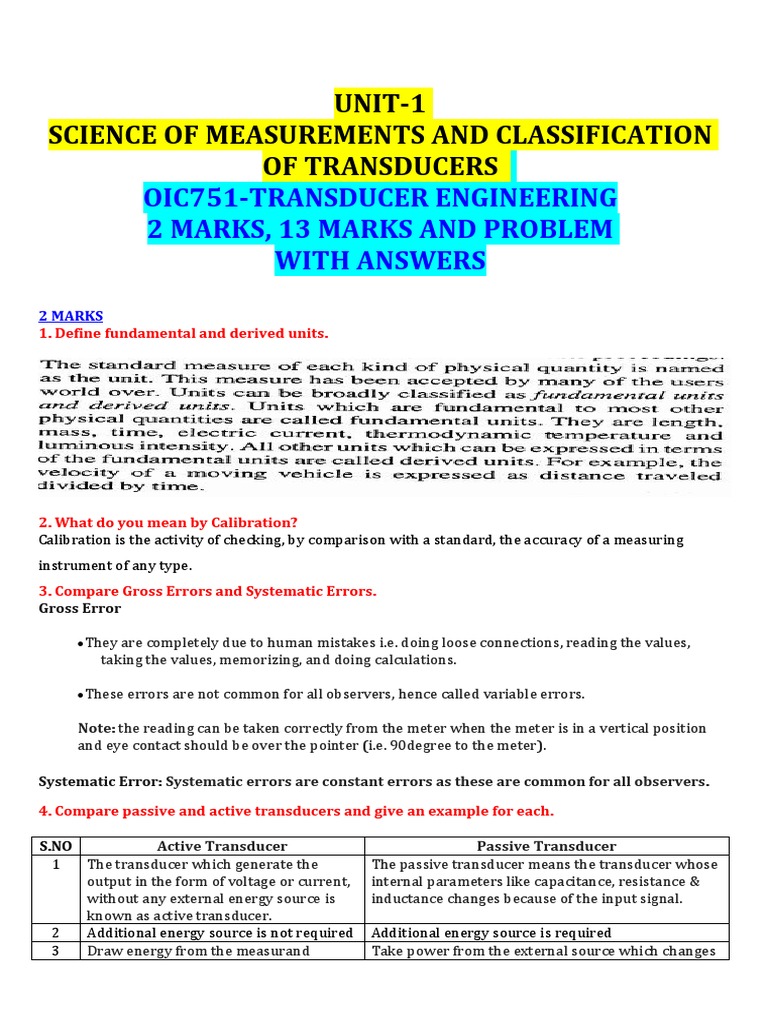Oic751-Transducer Engineering 2 Marks, 13 Marks and Problem With Answers | PDF | Normal ...