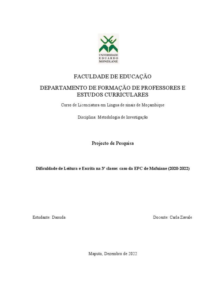 Projecto de Pesquisa - Daouda | PDF | Aprendizado | Educação primária