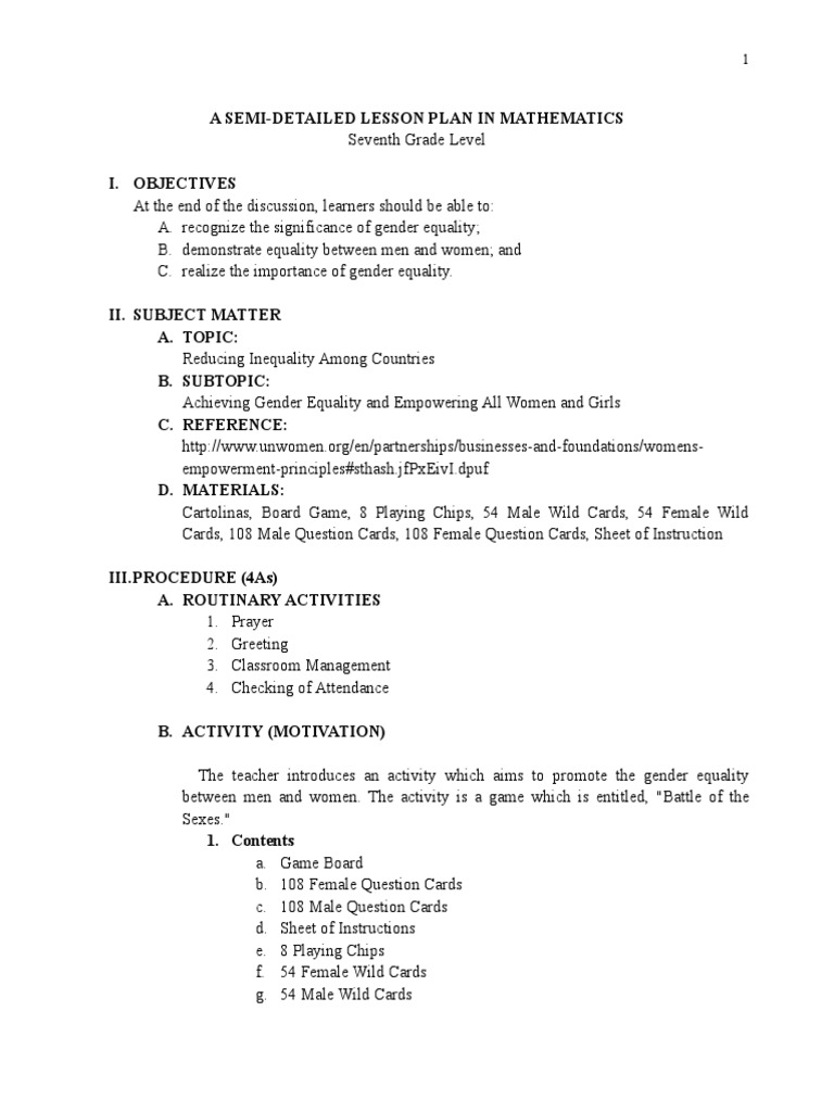 Gender Equality Math Lesson Plan | PDF | Gender Equality | Gender Studies