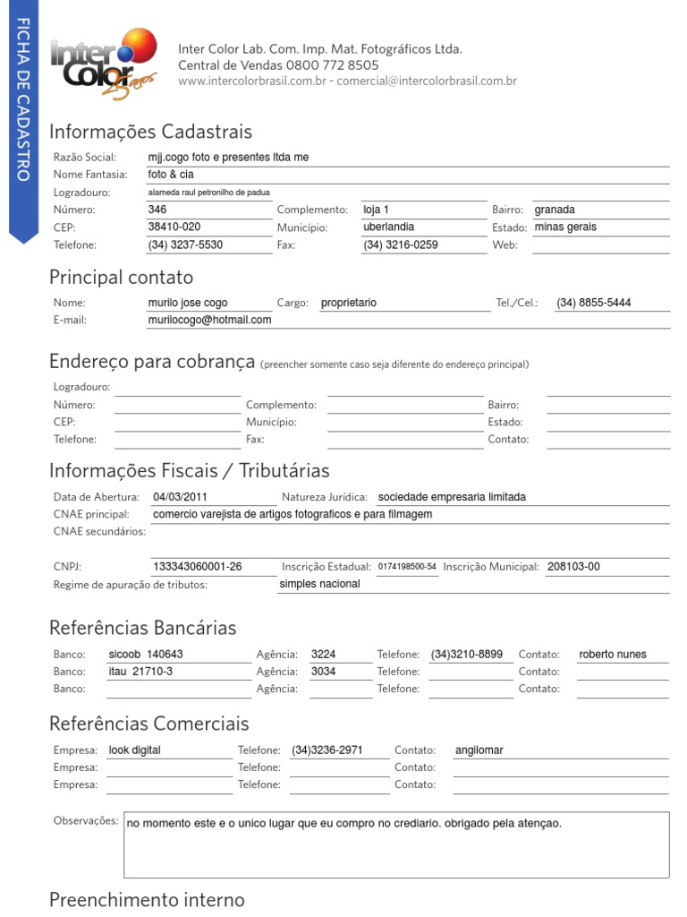 Ficha para Cadastro de Cliente | PDF