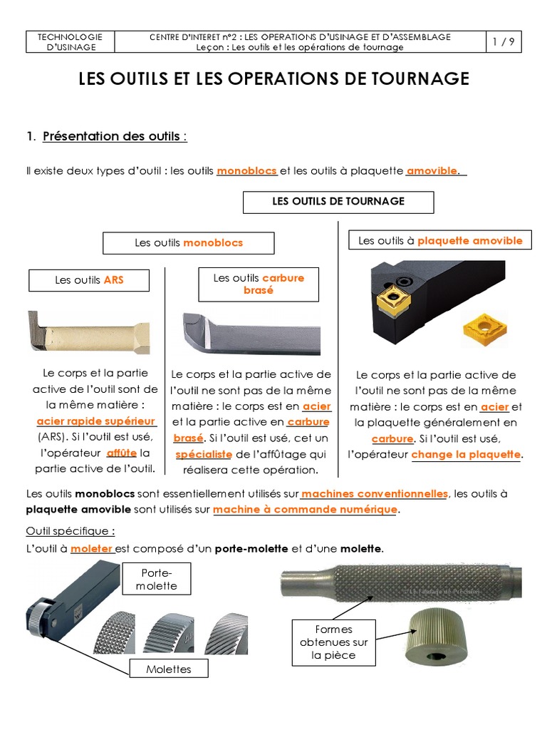 1 Les outils et les opérations de tournage | PDF