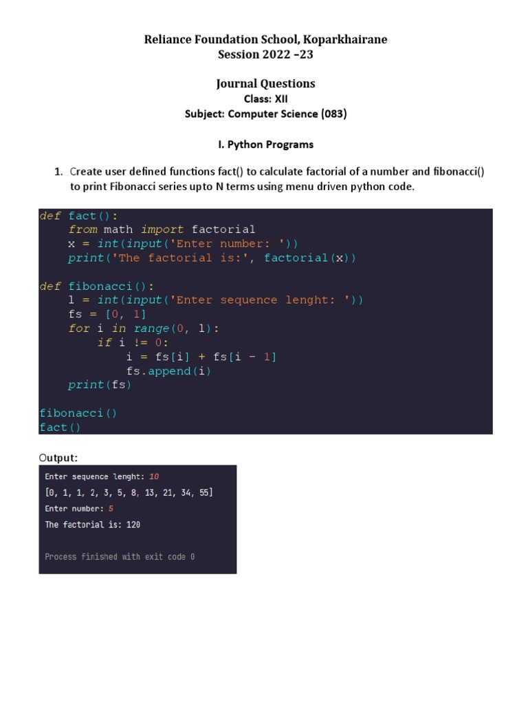 Final - AISSCE 2023 Class 12 A CS Journal Questions | PDF