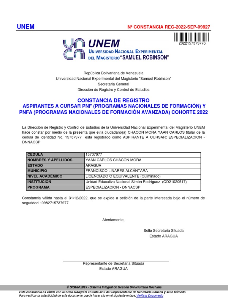 Constancia Registro Unem 202215737977 | PDF