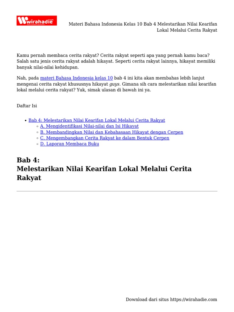 Materi Bahasa Indonesia Kelas 10 Bab 4 Melestarikan Nilai Kearifan Lokal Melalui Cerita Rakyat | PDF