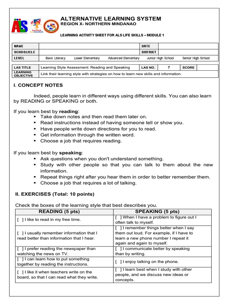 DLP Life Skills Mod1 LAS7 Learning Style Assessment - Reading and ...
