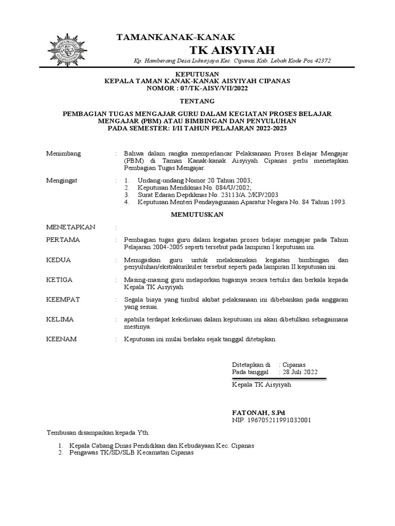 SK Pembangian Tugas Guru TK | PDF