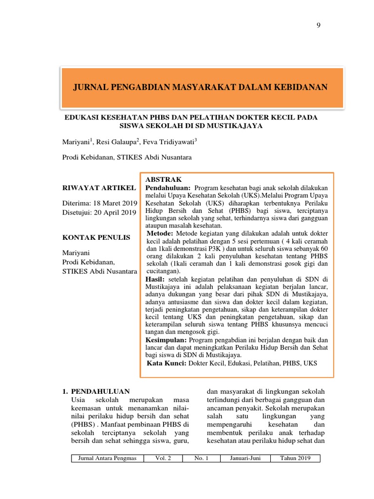 Edukasi Kesehatan PHBS Dan Pelatihan Dokter Kecil Pada Siswa Sekolah Di SD Mustikajaya | PDF