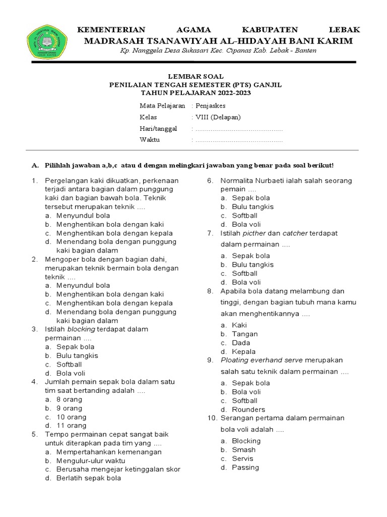 SOAL PTS GANJIL Mts PENJAS KLS VIII 2022-2023 | PDF