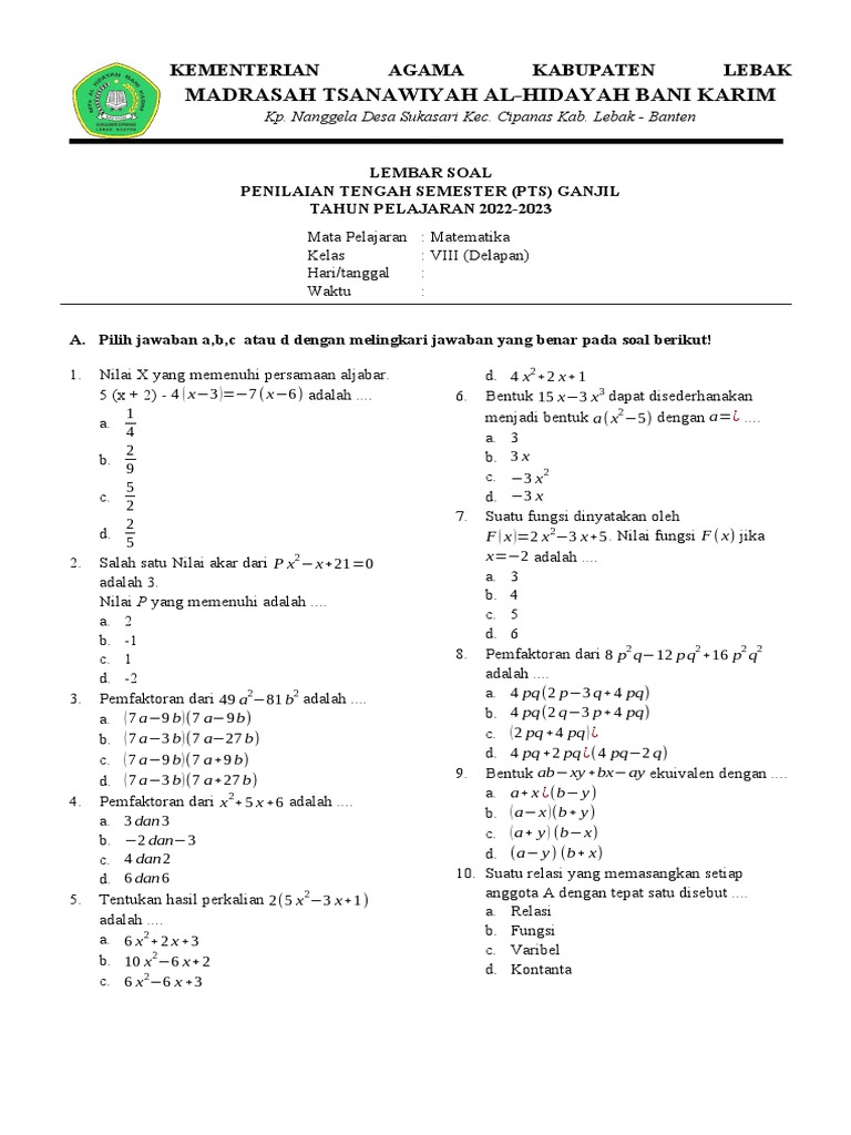 Soal Pts Ganjil Maematika Mts Kls Viii 2022-2023 | PDF