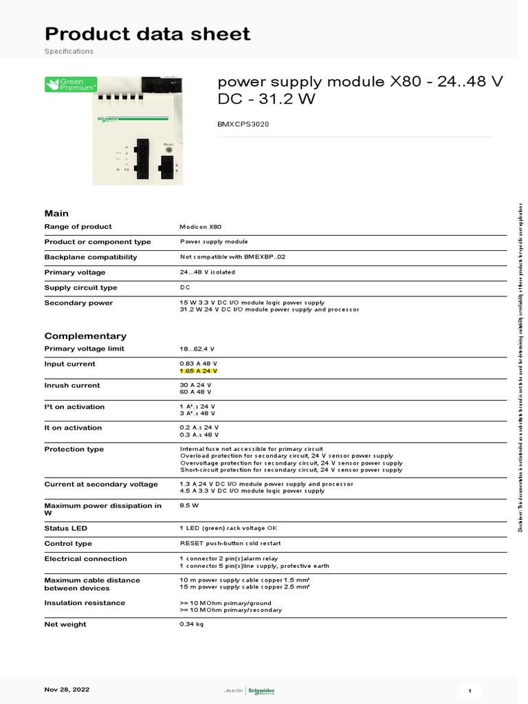 Modicon X80 Modules - BMXCPS3020 | PDF | Power Supply | Programmable Logic Controller