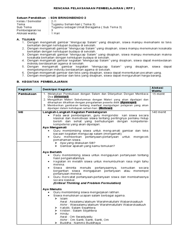 RPP Tema 3 SB 1 PB 3 | PDF | Karier & Perkembangan