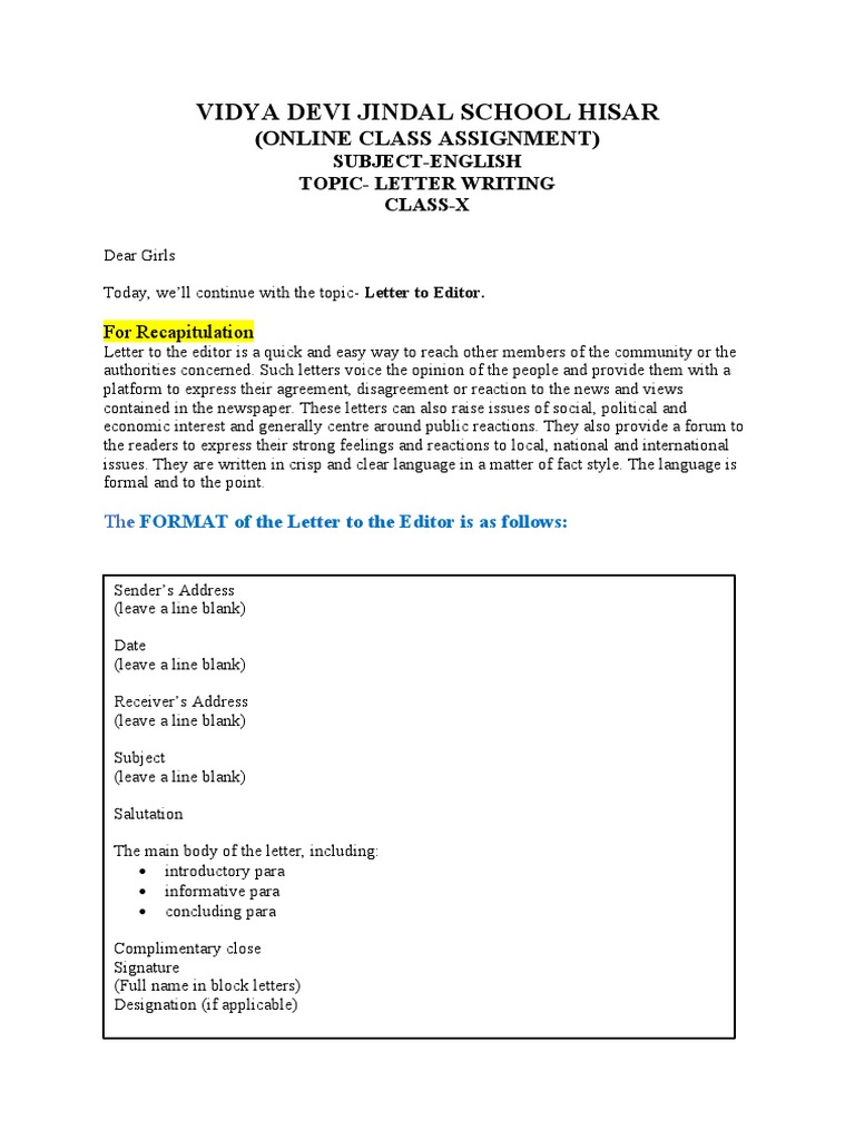 LETTER TO EDITOR - Study Material & Assignment 2 | PDF | Madam | Letter ...