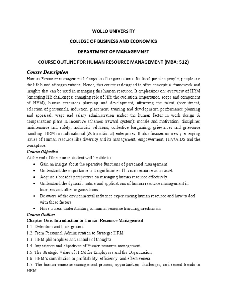 Human Resource Management Course Outline | PDF | Career & Growth ...