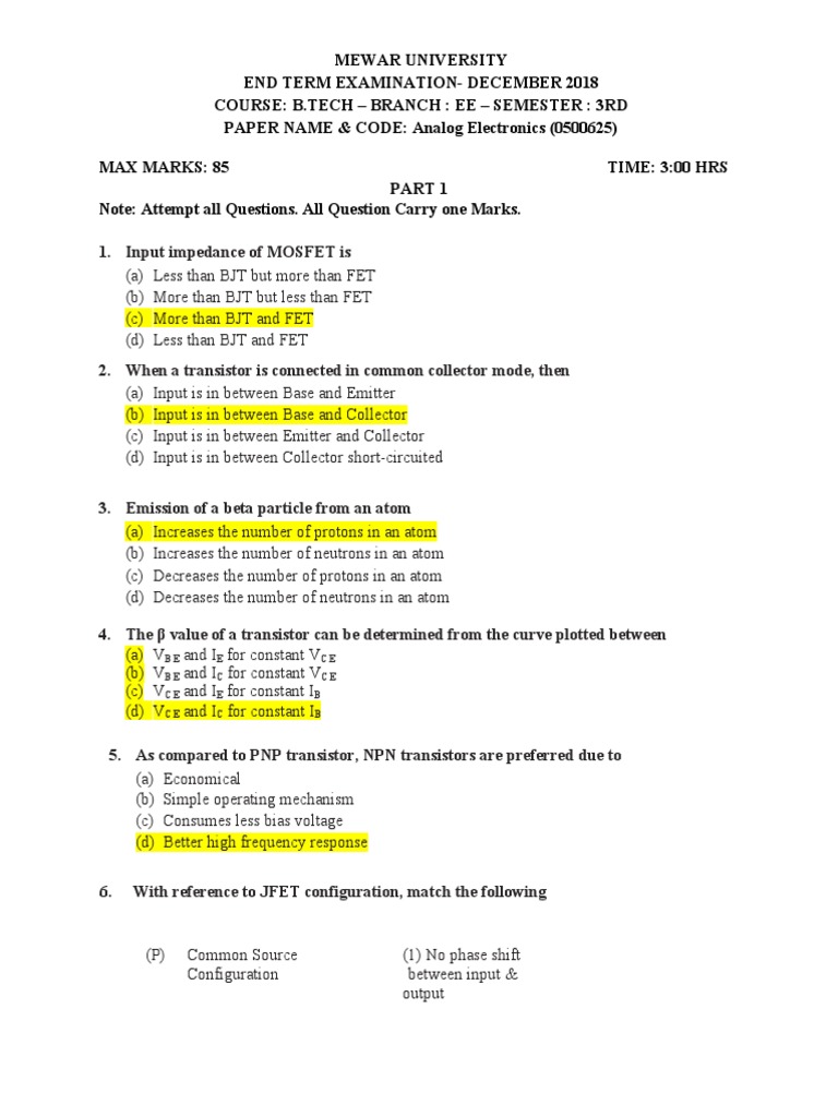 Analog Electronics (0500625) SET 3 | PDF | Field Effect Transistor ...