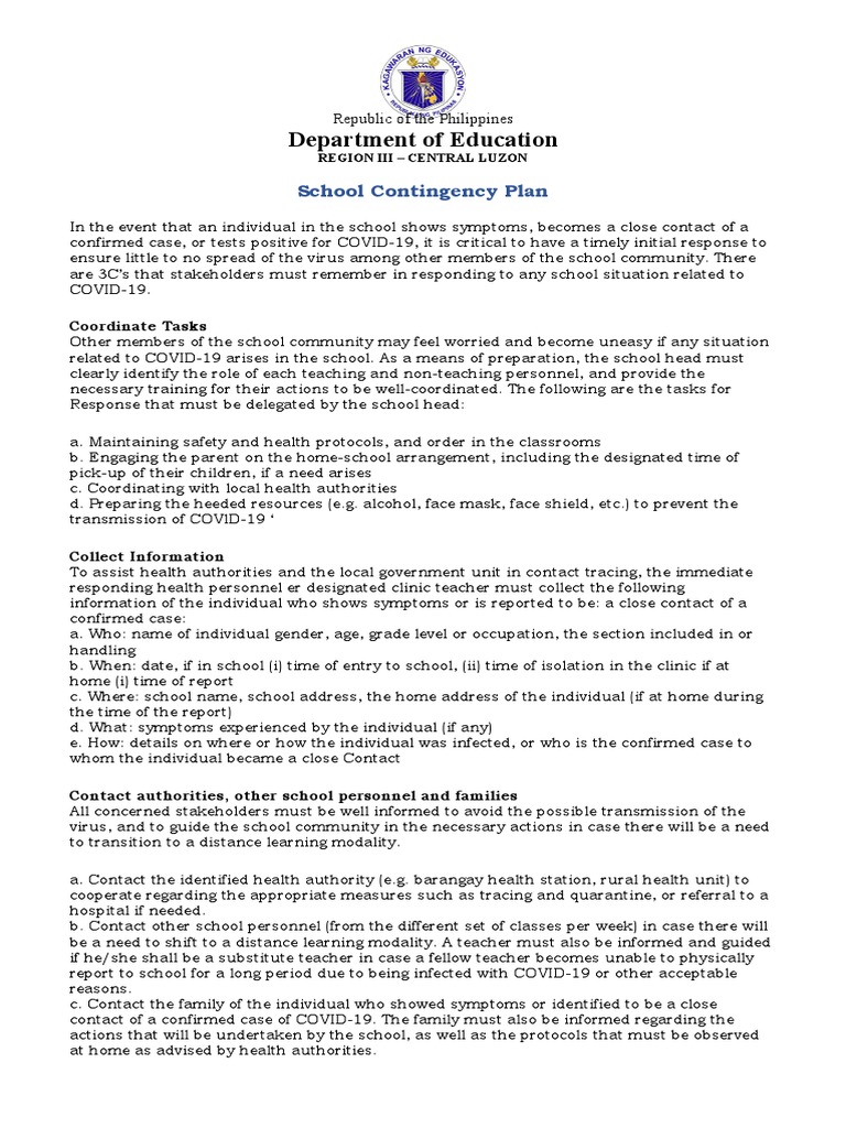 School Contingency Plan | PDF | Infection | Learning