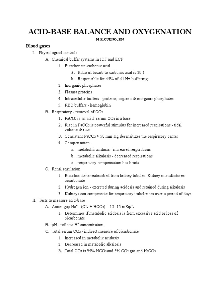 Acid-Base Balance and Oxygenation: Blood Gases | PDF | Physiology ...
